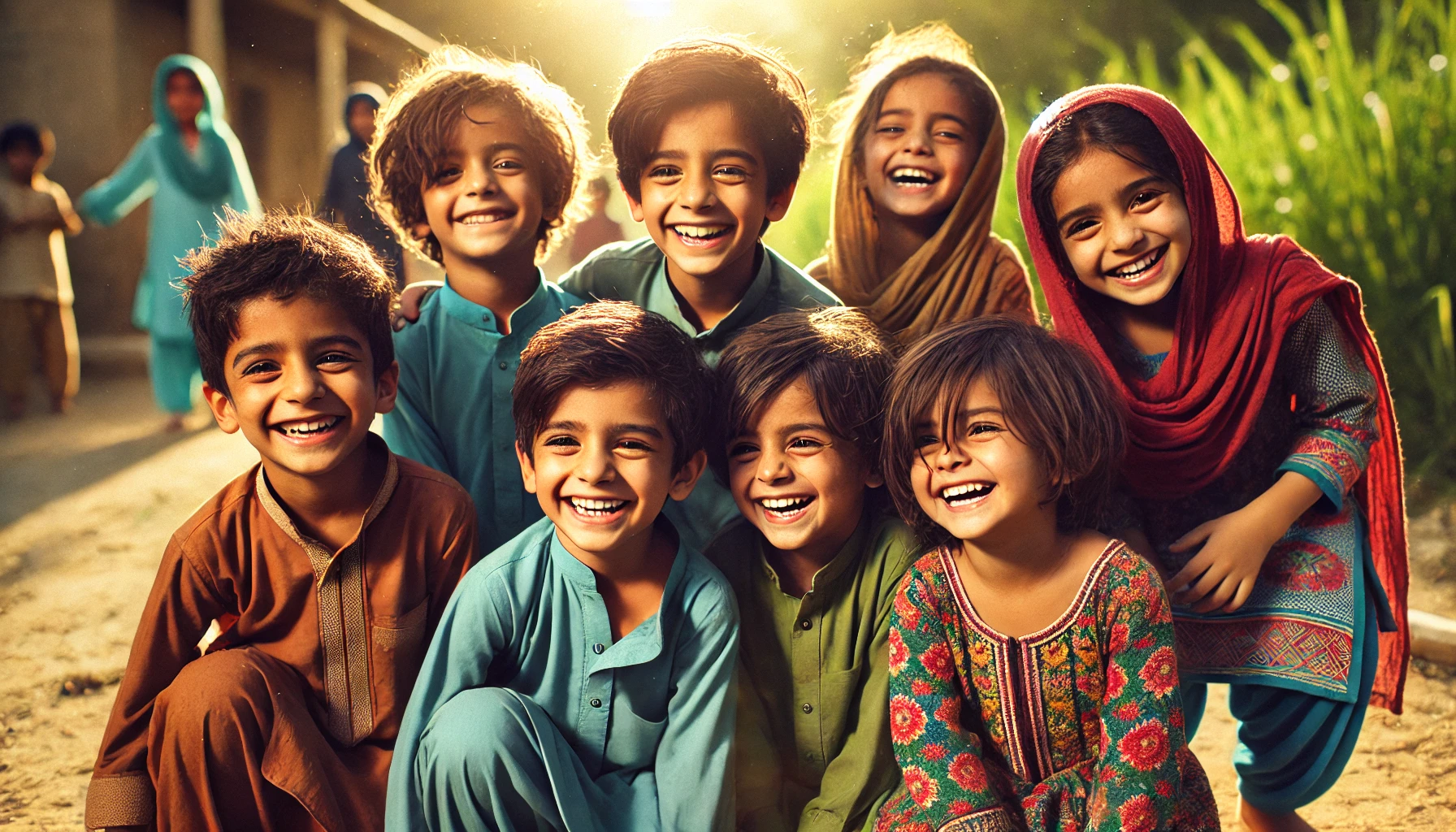 A group of joyful Pakistani orphans smiling and playing outdoors ...